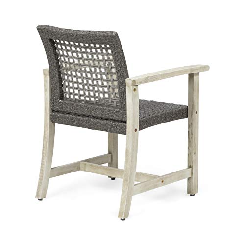 Eartha Outdoor Acacia Wood and Wicker Dining Chair (Set of 2), Light Gray Wash and Mix Black