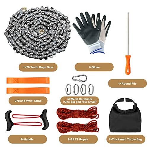 SENSILIN Rope Saw for Tree Limbs, 55 Inch Rope Chain Saw with 70 Sharp Teeth & 46 Feet Ropes Kit, Rope Saw Tree Saw High Limb Rope Chainsaw, Pocket Chainsaw