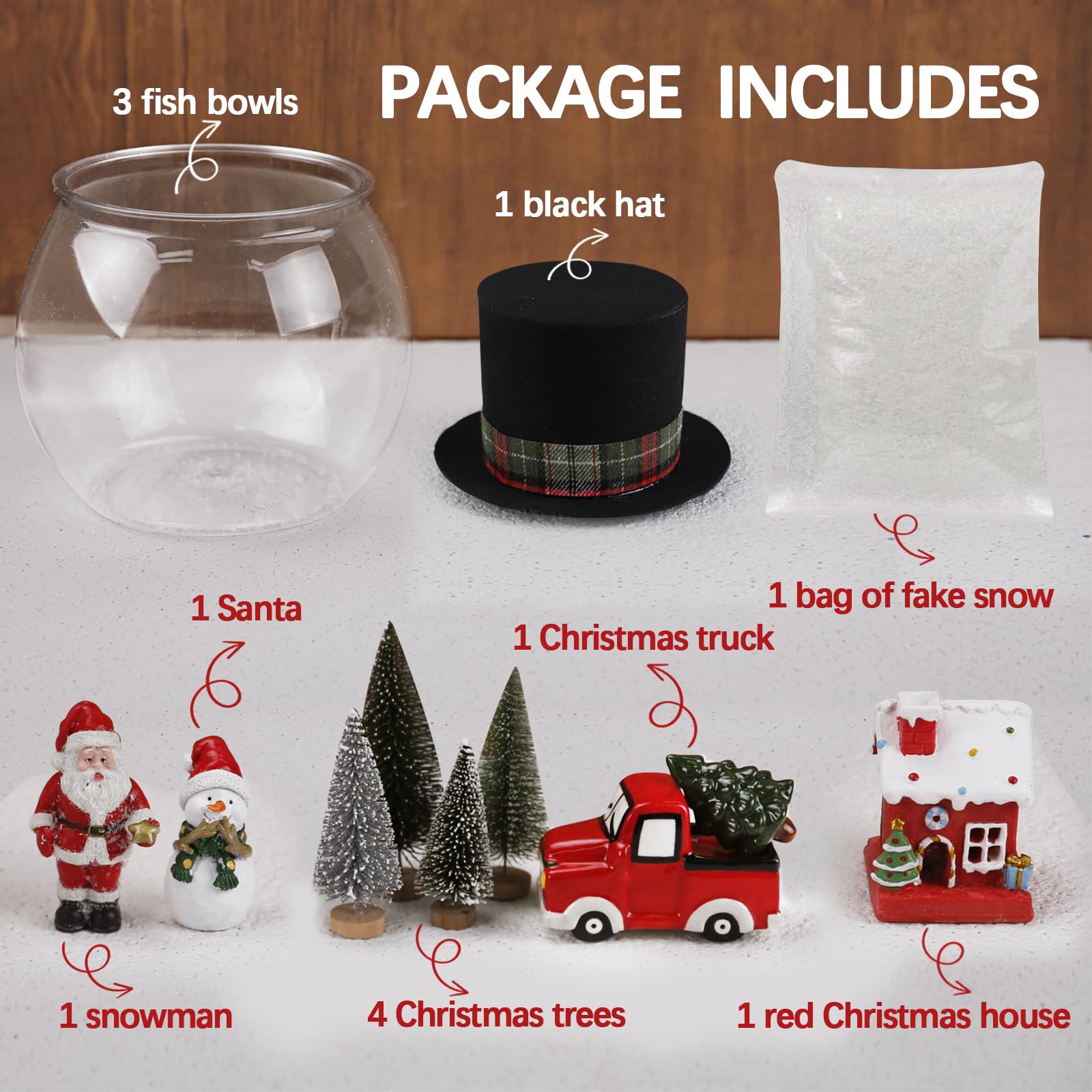 Christmas Decorations Indoor - Christmas Decor - 3 Pack DIY Fish Bowl Snowman Crafts with Fake Snow & T/Ree & Figures & Top Hat - Xmas Holiday Decor for Home Room Table Centerpieces Mantle Shelf