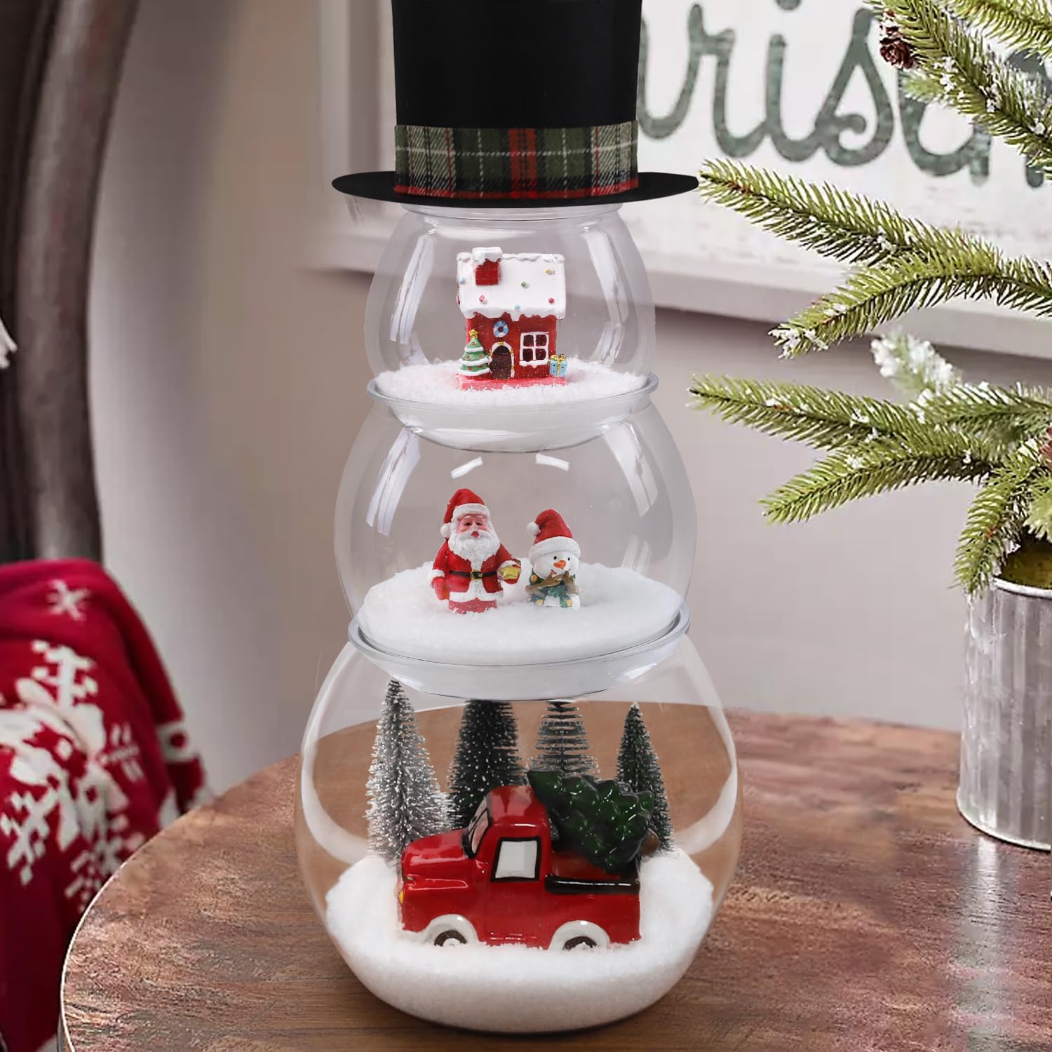 Christmas Decorations Indoor - Christmas Decor - 3 Pack DIY Fish Bowl Snowman Crafts with Fake Snow & T/Ree & Figures & Top Hat - Xmas Holiday Decor for Home Room Table Centerpieces Mantle Shelf
