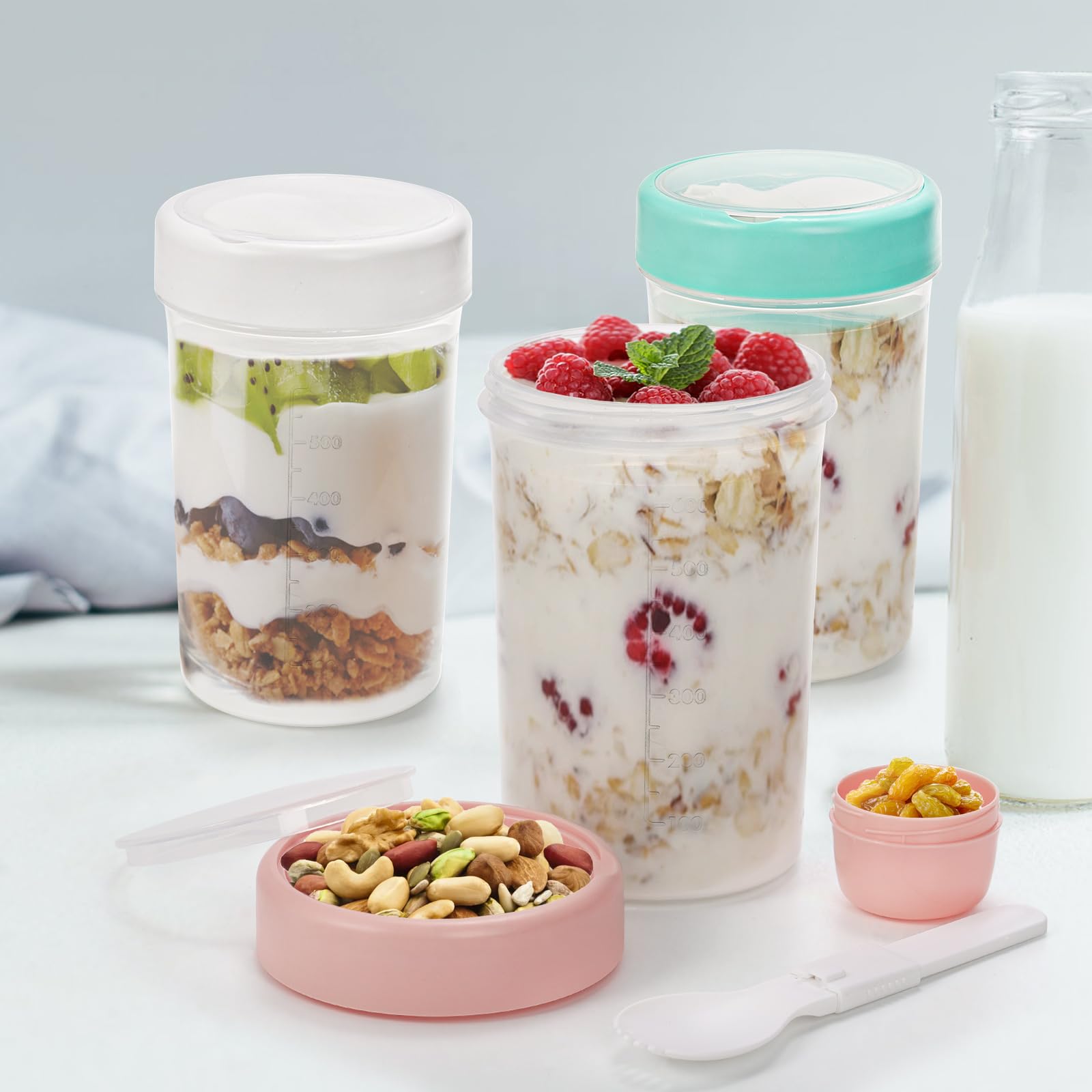 Noamus 3 Pack Salad Shaker Cup, 26 Oz Portable Cereal Cup with Lids and Fork, Yogurt Parfait Container with Sauce Dressing, Leak Proof Keep Fit Meal Bottle for Lunch, Vegetable Fruits, 3 Color