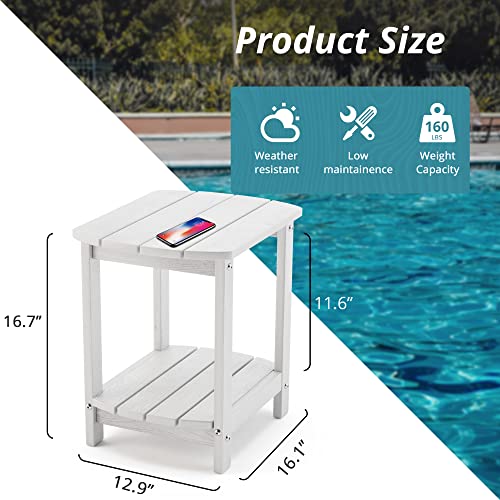 LUE BONA Adirondack Outdoor Side Table, White Poly Outdoor Patio End Table Weather Resistant, Pool Composite Plastic Morden Side Table for Patio, Pool, Porch, Garden, Lawn