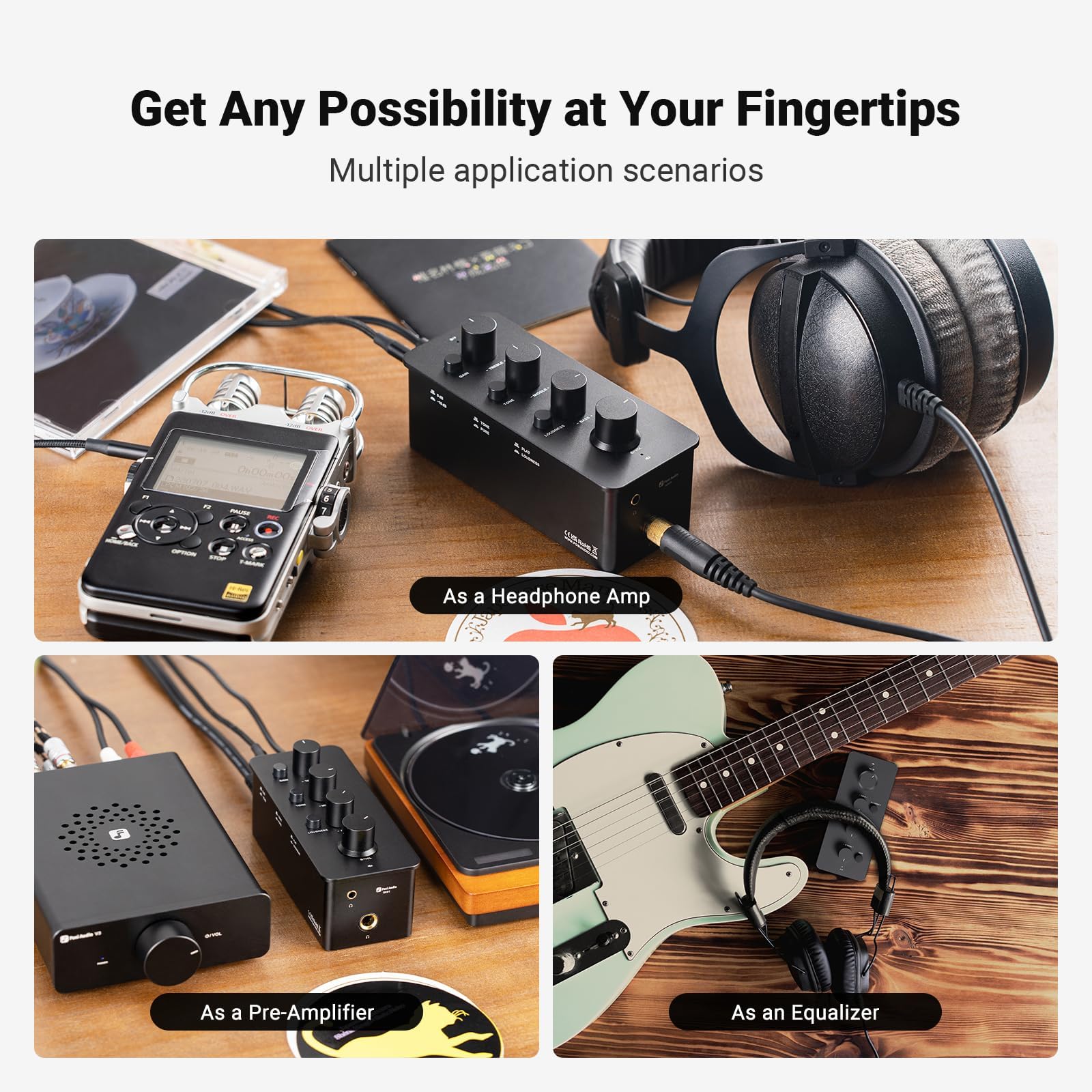 Fosi Audio SK01 Headphone Amplifier Equalizer Preamp with Bass Midrange Treble Tone Control and Loudness Compensation Portable Class A Analog Amp for Electric Guitar Instrument with 3.5mm 6.35mm Jacks