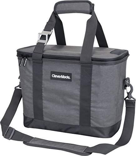 CleverMade Collapsible Cooler Bag with Shoulder Strap: Insulated Leakproof 30 Can Portable Soft Beverage-Tote with Bottle Opener for Camping, Lunch, Beach, Picnic; Grey/Charcoal