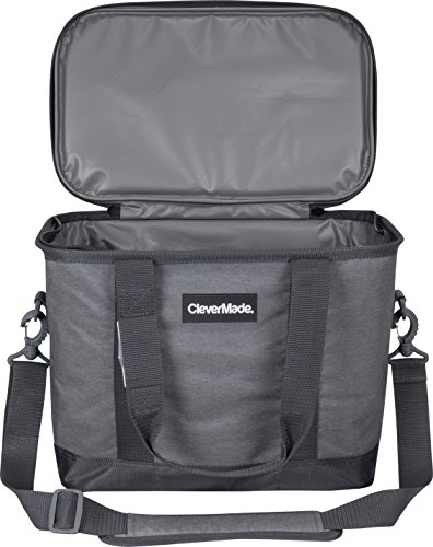 CleverMade Collapsible Cooler Bag with Shoulder Strap: Insulated Leakproof 30 Can Portable Soft Beverage-Tote with Bottle Opener for Camping, Lunch, Beach, Picnic; Grey/Charcoal