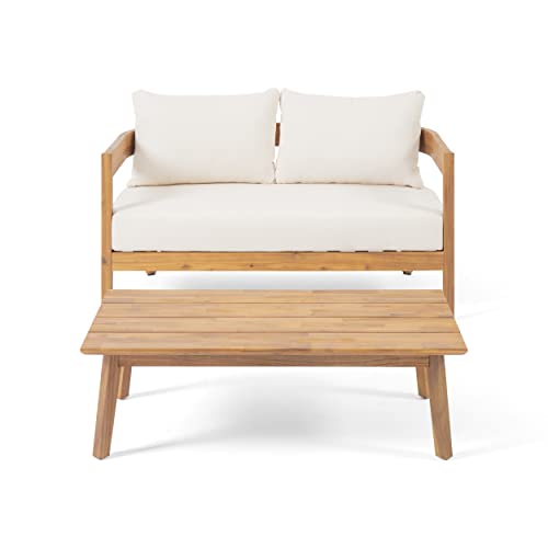 Christopher Knight Home Alina Outdoor Loveseat Set with Coffee Table, Teak Finish, Beige