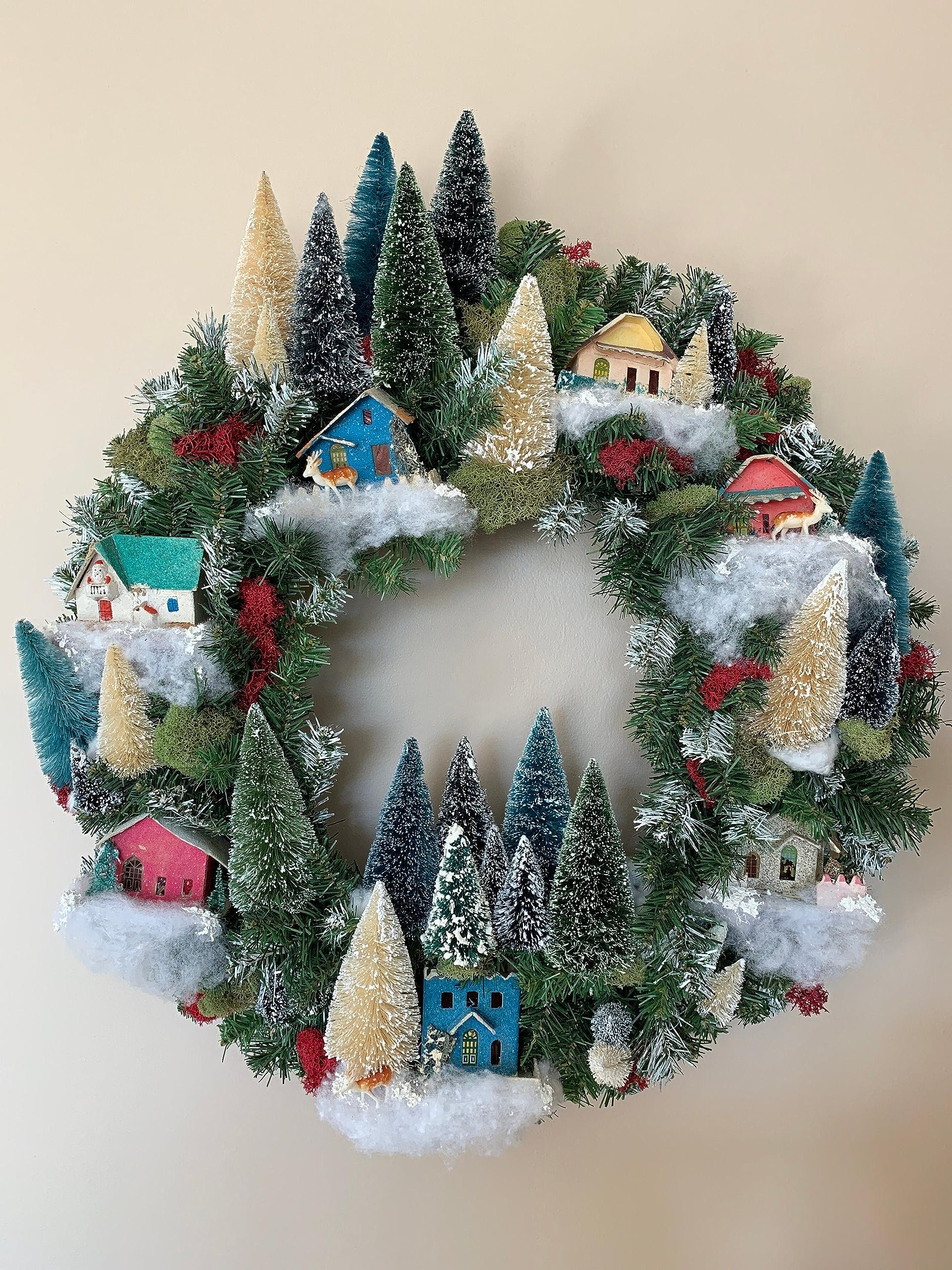 Christmas Decorations - Christmas Wreaths for Front Door - 16 Inch Xmas Village Wreath - Holiday Decor for Home Wall Window Indoor Outdoor Outside Winter