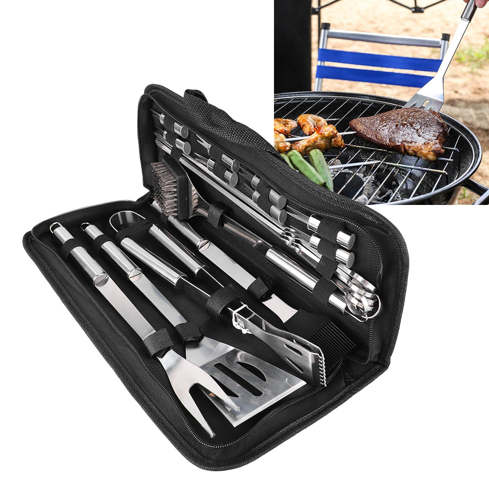 20pcs BBQ Grill Set Professional Stainless Steel Tongs Spatula Fork Brush Barbecue Tool Set for Outdoor Camping Travel