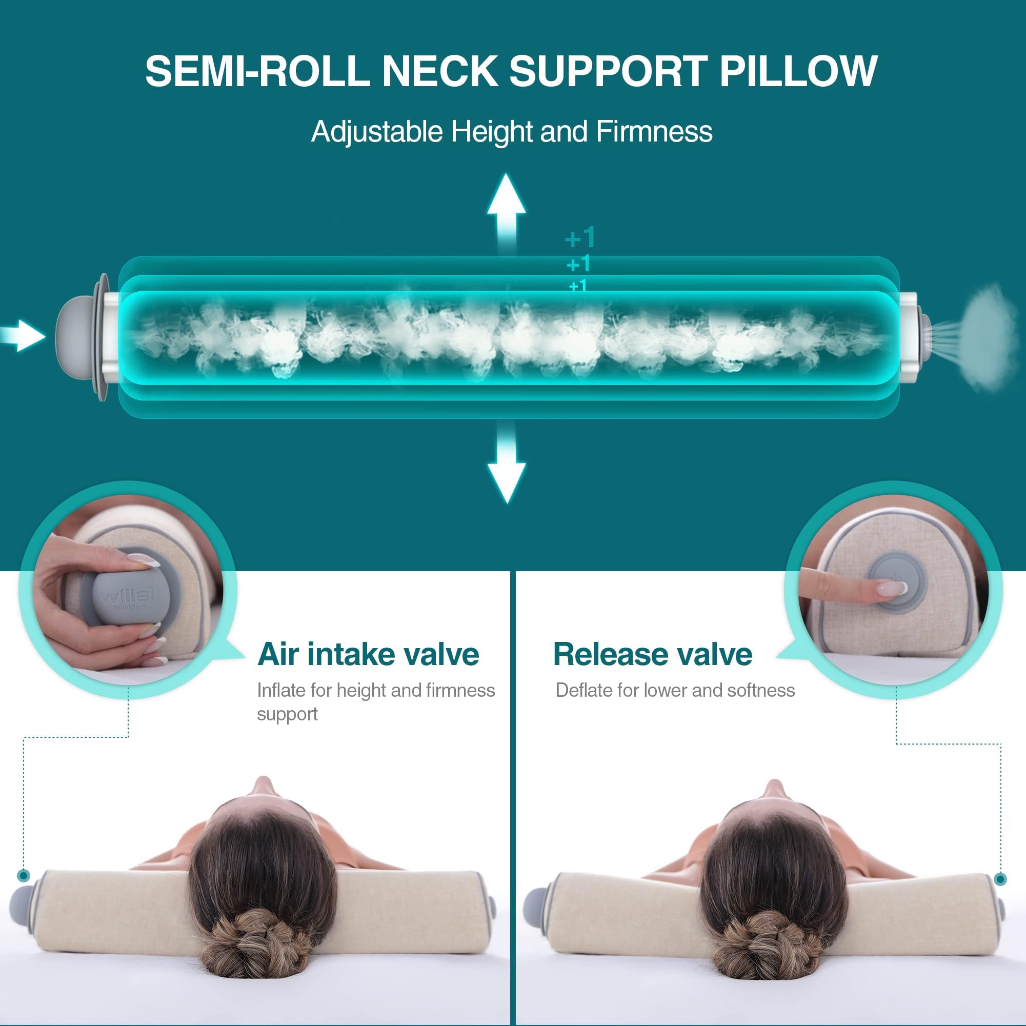 willai Cervical Neck Pillow, Adjustable Neck Roll Pillow with Inflatable Tube, Bolster Neck Pillows Support for Sleeping, Memory Foam Pillow for Neck and Shoulder Soft (22 x 3.7 x 3.9).