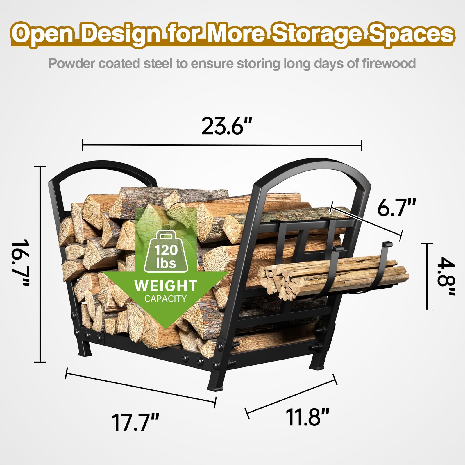 GREENER Small Firewood Rack Indoor Log Holder Wood Storage For Fireplace, Heavy Duty Metal Firewood Holder with Removable Holders, Up-Loaded to 120lb,Decor Outdoor Log Holder