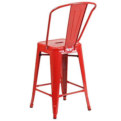 EMMA + OLIVER Commercial Grade 24" H Red Metal Indoor-Outdoor Counter Height Stool w/ Back