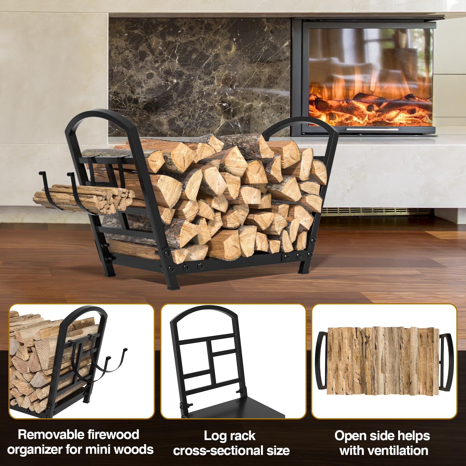 GREENER Small Firewood Rack Indoor Log Holder Wood Storage For Fireplace, Heavy Duty Metal Firewood Holder with Removable Holders, Up-Loaded to 120lb,Decor Outdoor Log Holder