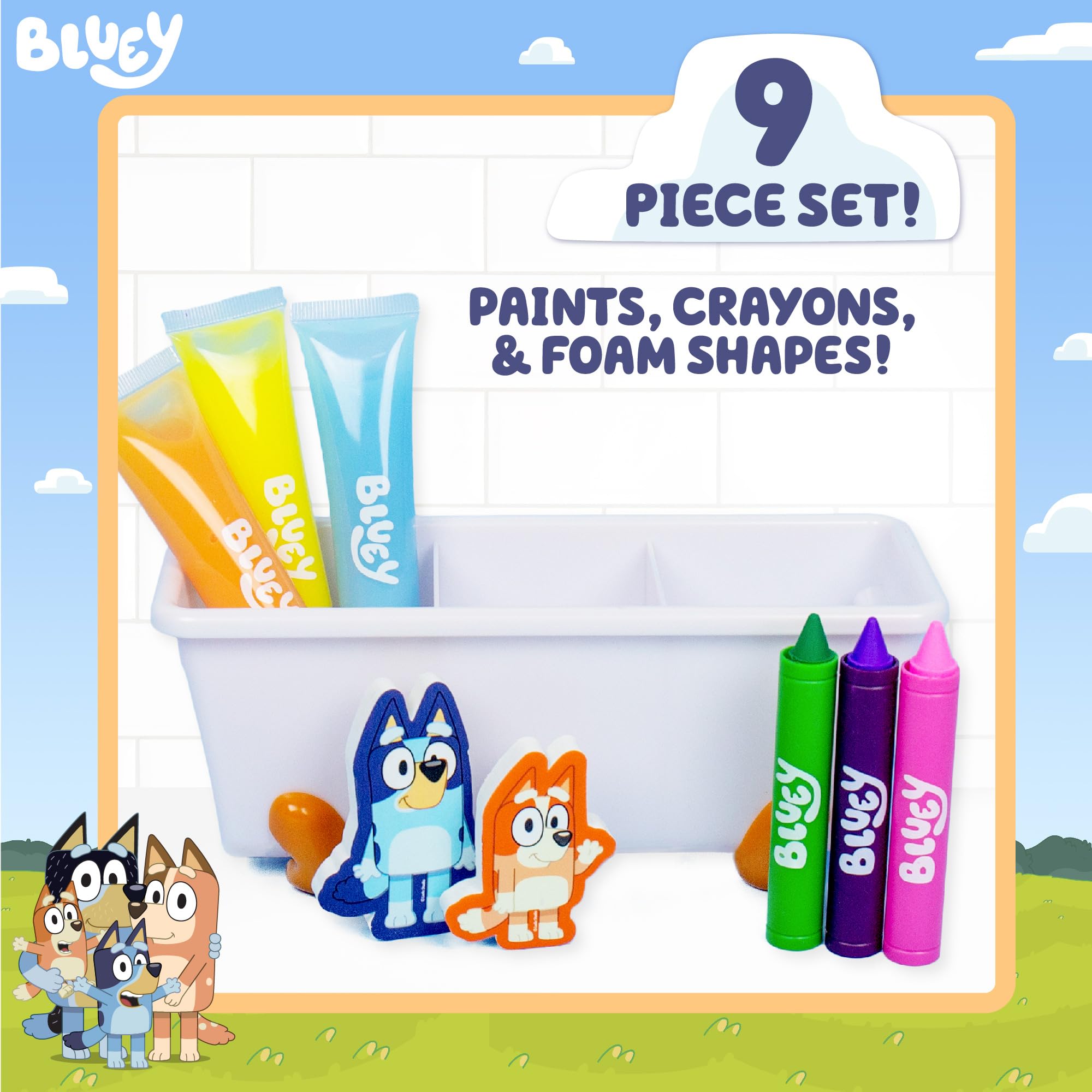 Bluey Bath Creations, 9-Piece Bluey Activity Set, Fun Bluey Bath Toys, Includes Washable Bath Paints, Bath Crayons, Bath Toy Storage, Bath Paint for Toddlers 1-3, Fun Bluey Gifts, Toddler Art Supplies