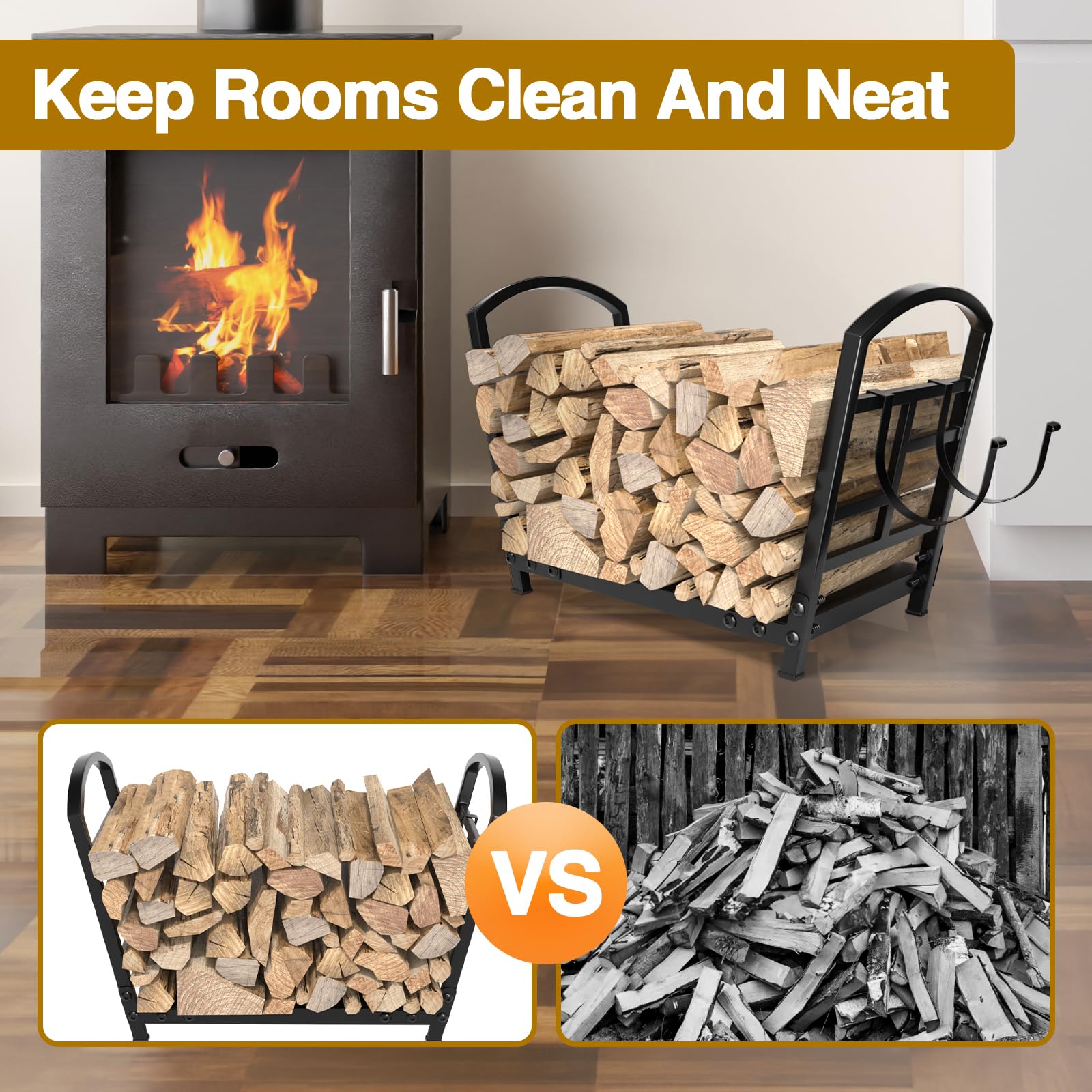 GREENER Small Firewood Rack Indoor Log Holder Wood Storage For Fireplace, Heavy Duty Metal Firewood Holder with Removable Holders, Up-Loaded to 120lb,Decor Outdoor Log Holder
