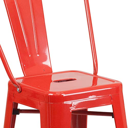 EMMA + OLIVER Commercial Grade 24" H Red Metal Indoor-Outdoor Counter Height Stool w/ Back