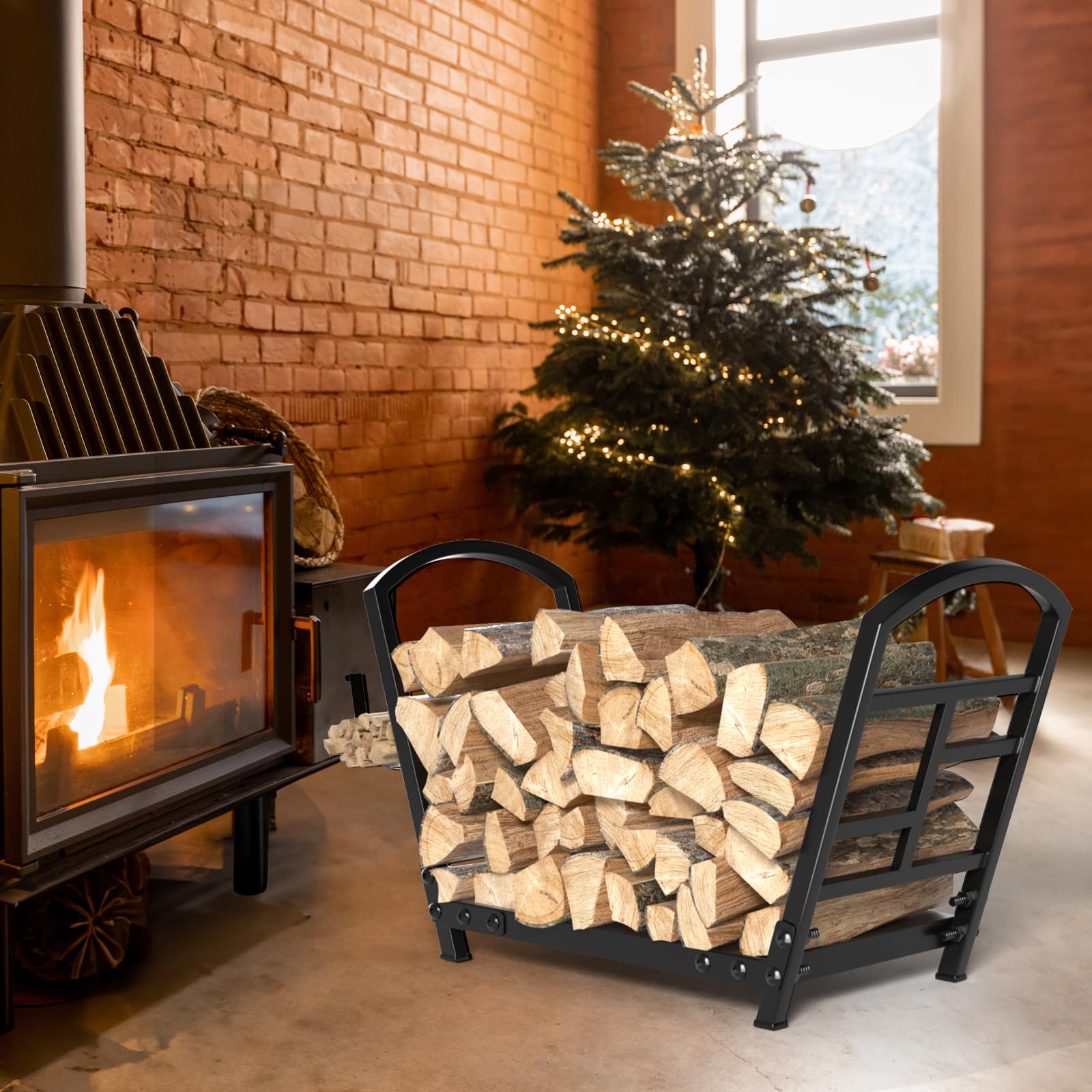 GREENER Small Firewood Rack Indoor Log Holder Wood Storage For Fireplace, Heavy Duty Metal Firewood Holder with Removable Holders, Up-Loaded to 120lb,Decor Outdoor Log Holder
