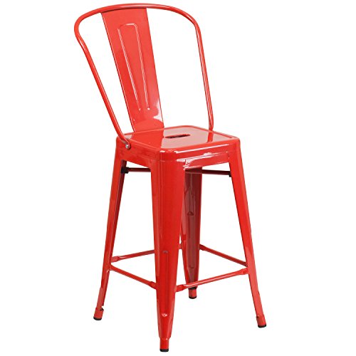 EMMA + OLIVER Commercial Grade 24" H Red Metal Indoor-Outdoor Counter Height Stool w/ Back