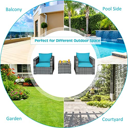 SMLJLQ 3 PC Patio Rattan Furniture Bistro Set Cushioned Sofa Chair Turquoise Single Sofa Coffee Table
