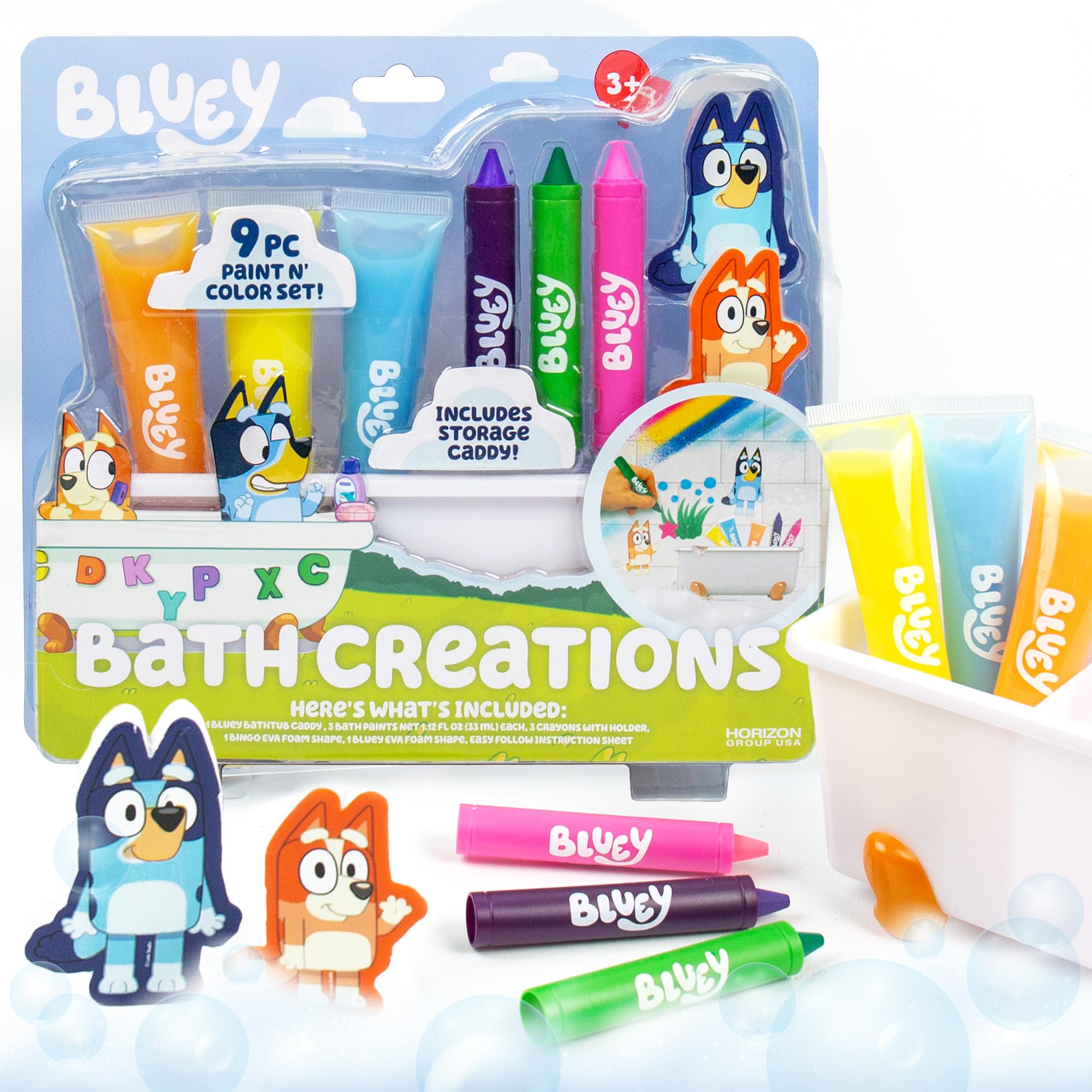 Bluey Bath Creations, 9-Piece Bluey Activity Set, Fun Bluey Bath Toys, Includes Washable Bath Paints, Bath Crayons, Bath Toy Storage, Bath Paint for Toddlers 1-3, Fun Bluey Gifts, Toddler Art Supplies