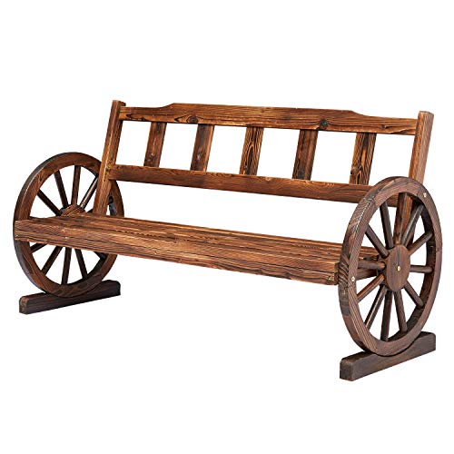 Kinsunny 3-Person Wooden Wagon Wheel Bench Rustic Wood Seat Bench Outside Rustic Benches for Patio Garden Outdoor
