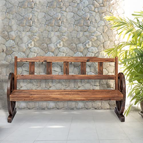 Kinsunny 3-Person Wooden Wagon Wheel Bench Rustic Wood Seat Bench Outside Rustic Benches for Patio Garden Outdoor