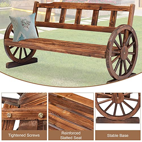 Kinsunny 3-Person Wooden Wagon Wheel Bench Rustic Wood Seat Bench Outside Rustic Benches for Patio Garden Outdoor