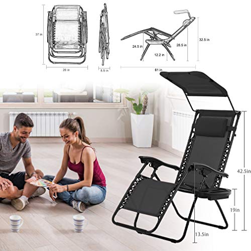 Vnewone Zero Gravity Folding Outdoor Anti Reclining Lounge Deck Foldable Yard with Pillow Cup Holder and Canopy, Black