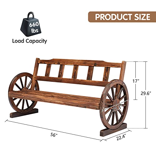 Kinsunny 3-Person Wooden Wagon Wheel Bench Rustic Wood Seat Bench Outside Rustic Benches for Patio Garden Outdoor