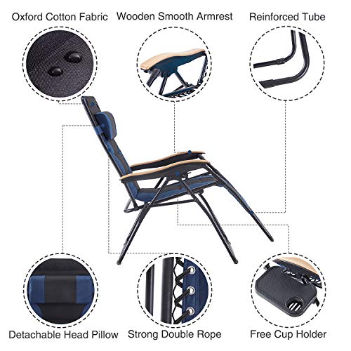 VICLLAX Oversize Padded Zero Gravity Chair Patio Lounge Chair with Cup Holder for Outdoor Beach Pool, Black&Dark Blue