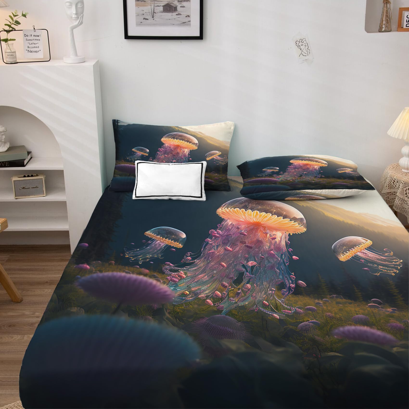 Jellyfish Sheets Full Size, Sea Life Bed Sheets, Patterned Bedding Sheets & Pillowcases 4 Piece Set - Soft Microfiber Deep Pocket Fitted Sheet & Flat Sheet & 2 Pillow Cases Z1-&-220