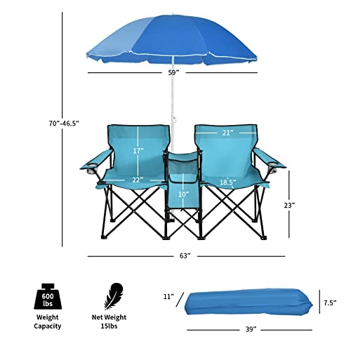 ARLIME Double Folding Beach Chairs, Outdoor Picnic Portable Loveseat Chairs with Removable Umbrella & Mini Table Carrying Bag, Camping Chair for Patio, Pool, Park (Turquoise)