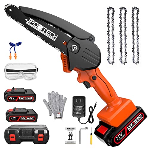 JPOWTECH Mini Chainsaw Cordless 6 inch Small Chainsaw with 2 Battery & Switch Security Lock, Portable Handheld Power Chain Saws for Gardening Wood Cutting Tree