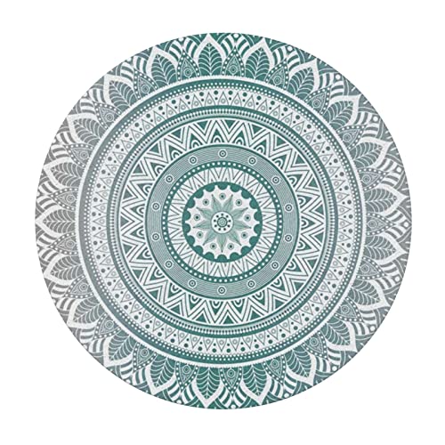 WILL BUDXEG Teal Grey Boho Modern Mandala Turquoise Round Fitted Table Cover Elastic Edge Circle Tablecloth for Outdoor Dining Party Holiday Fits Table up 45"-50" Diameter