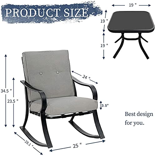 Oakmont Outdoor Furniture 3 Piece Conversation Bistro Set Rocking Chairs and Glass Top Table, Thick Cushions, Black Steel (Grey)