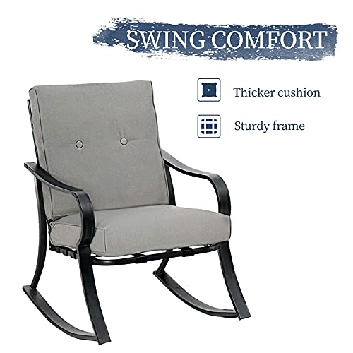 Oakmont Outdoor Furniture 3 Piece Conversation Bistro Set Rocking Chairs and Glass Top Table, Thick Cushions, Black Steel (Grey)