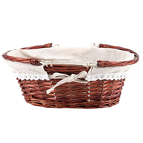 2 Pack Brown Wicker Woven Bread Basket with Handle, Oval Willow Woven Basket with Cotton Cloth Lining1