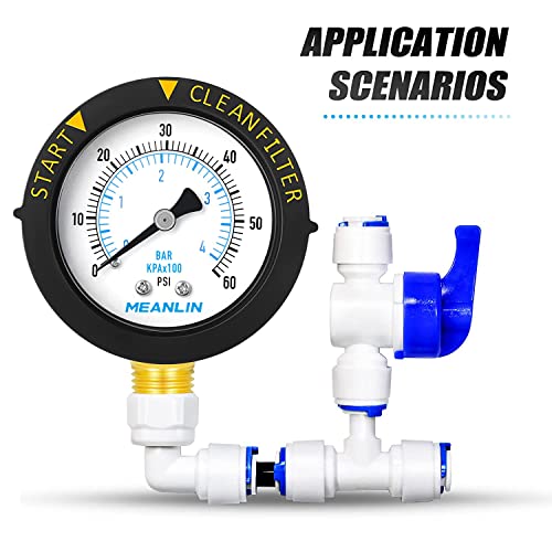 MEANLIN MEASURE 0~60Psi Plastic Frame 1/4" NPT Start and Clean Filter Pressure Gauge,Suitable for Swimming Pool, spa, Aquarium,Lower Mount