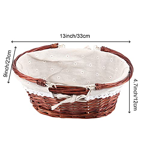 2 Pack Brown Wicker Woven Bread Basket with Handle, Oval Willow Woven Basket with Cotton Cloth Lining1