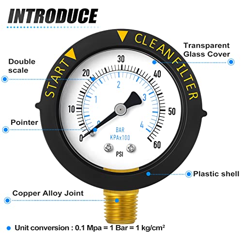 MEANLIN MEASURE 0~60Psi Plastic Frame 1/4" NPT Start and Clean Filter Pressure Gauge,Suitable for Swimming Pool, spa, Aquarium,Lower Mount