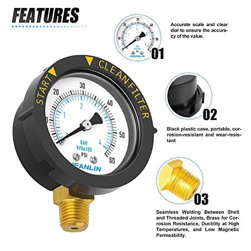 MEANLIN MEASURE 0~60Psi Plastic Frame 1/4" NPT Start and Clean Filter Pressure Gauge,Suitable for Swimming Pool, spa, Aquarium,Lower Mount