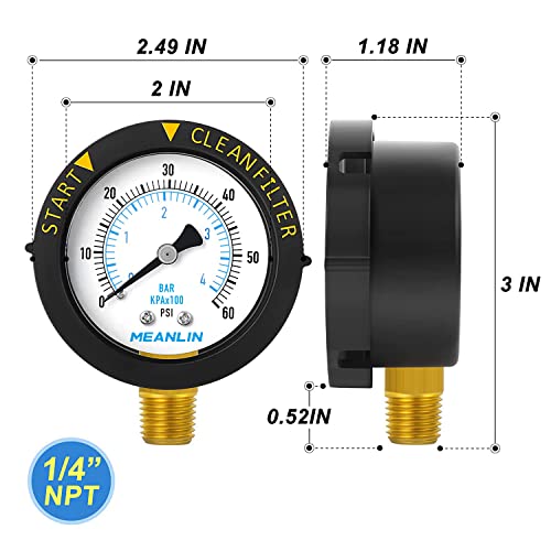 MEANLIN MEASURE 0~60Psi Plastic Frame 1/4" NPT Start and Clean Filter Pressure Gauge,Suitable for Swimming Pool, spa, Aquarium,Lower Mount