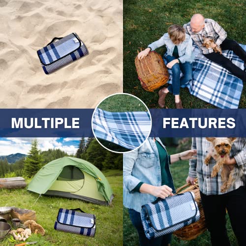 Picnic Blankets w/Stakes - Waterproof Camping Blankets - Foldable Compact Beach Blankets - Travel Picnic Blanket w/Polar Fleece & Peva - Portable Camping Gear - Perfect for Backyard, Park & More