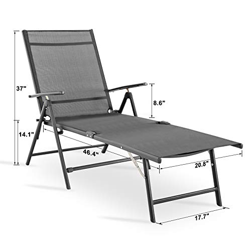 Nuu Garden Folding Chaise Lounge Chairs for Outside, Beach Chair Lounge Chair with Steel Frame and Breathable Textile Fabric for Beach, Yard, Pool and Patio, Grey