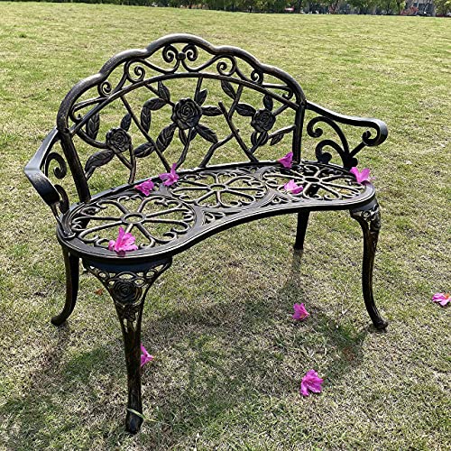 U/D Outdoor Bench Park Garden Bench ,All Chair Anti Rust Cast Aluminum Patio Yard Bench ,Carved Rose Loveseat Bench for Backyard. Porch, Balcony, Lawn. (Without Cushion, Copper)