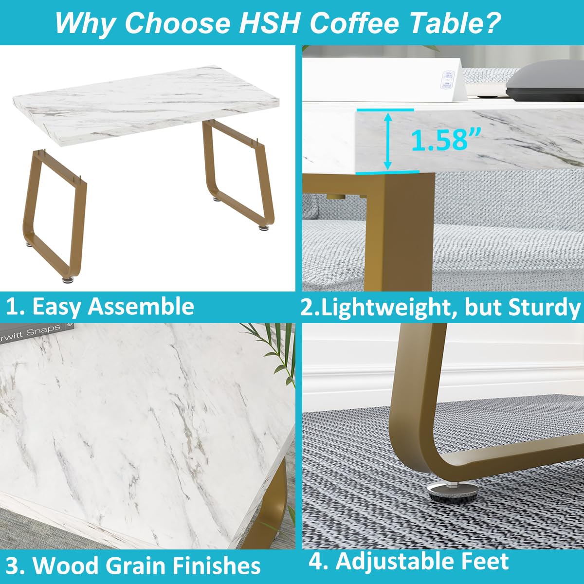 HSH White Marble Coffee Table, Modern Faux Marble Living Room Table, Wood and Metal Legs Center Table, Fashion Rectangular Tea Table for Office Minimalist Cocktail Table, White Marble and Gold, 47 in