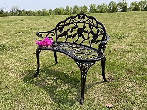 U/D Outdoor Bench Park Garden Bench ,All Chair Anti Rust Cast Aluminum Patio Yard Bench ,Carved Rose Loveseat Bench for Backyard. Porch, Balcony, Lawn. (Without Cushion, Copper)