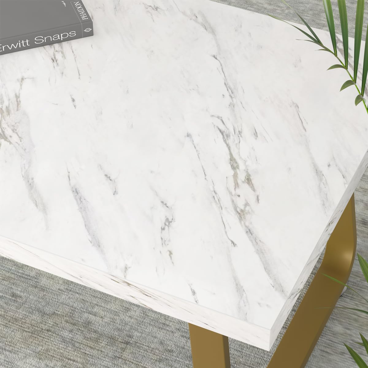 HSH White Marble Coffee Table, Modern Faux Marble Living Room Table, Wood and Metal Legs Center Table, Fashion Rectangular Tea Table for Office Minimalist Cocktail Table, White Marble and Gold, 47 in