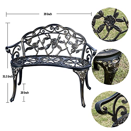 U/D Outdoor Bench Park Garden Bench ,All Chair Anti Rust Cast Aluminum Patio Yard Bench ,Carved Rose Loveseat Bench for Backyard. Porch, Balcony, Lawn. (Without Cushion, Copper)