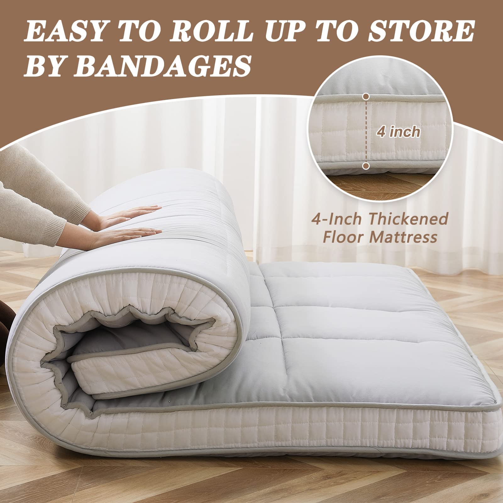DoCred Full Size Futon Mattress, Extra Thick Foldable Japanese Floor Mattress Memory Foam Sleeping Pad for Adults - Roll Up Mattress Tatami Mat Folding Sleeping Pad Breathable Floor Lounger Guest Bed