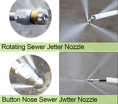 Sewer Jetter Kit for Pressure Washer 100 Ft, 1/4 Inch NPT Drain Cleaning Hose, Orifice 5.5, 4.5, 4.0 Button Rotating and Button Hose Sewer Jetting Nozzle (4000 PSI)